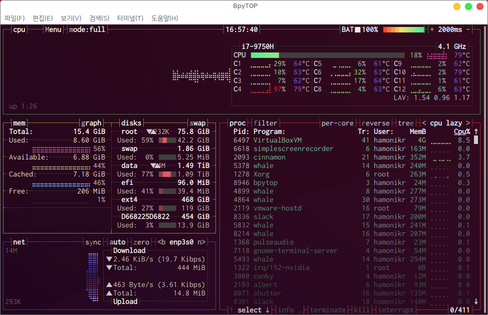 하모니카 게시판 - 하모니카에서 CLI 기반 시스템 모니터링 도구 bpytop 사용하기